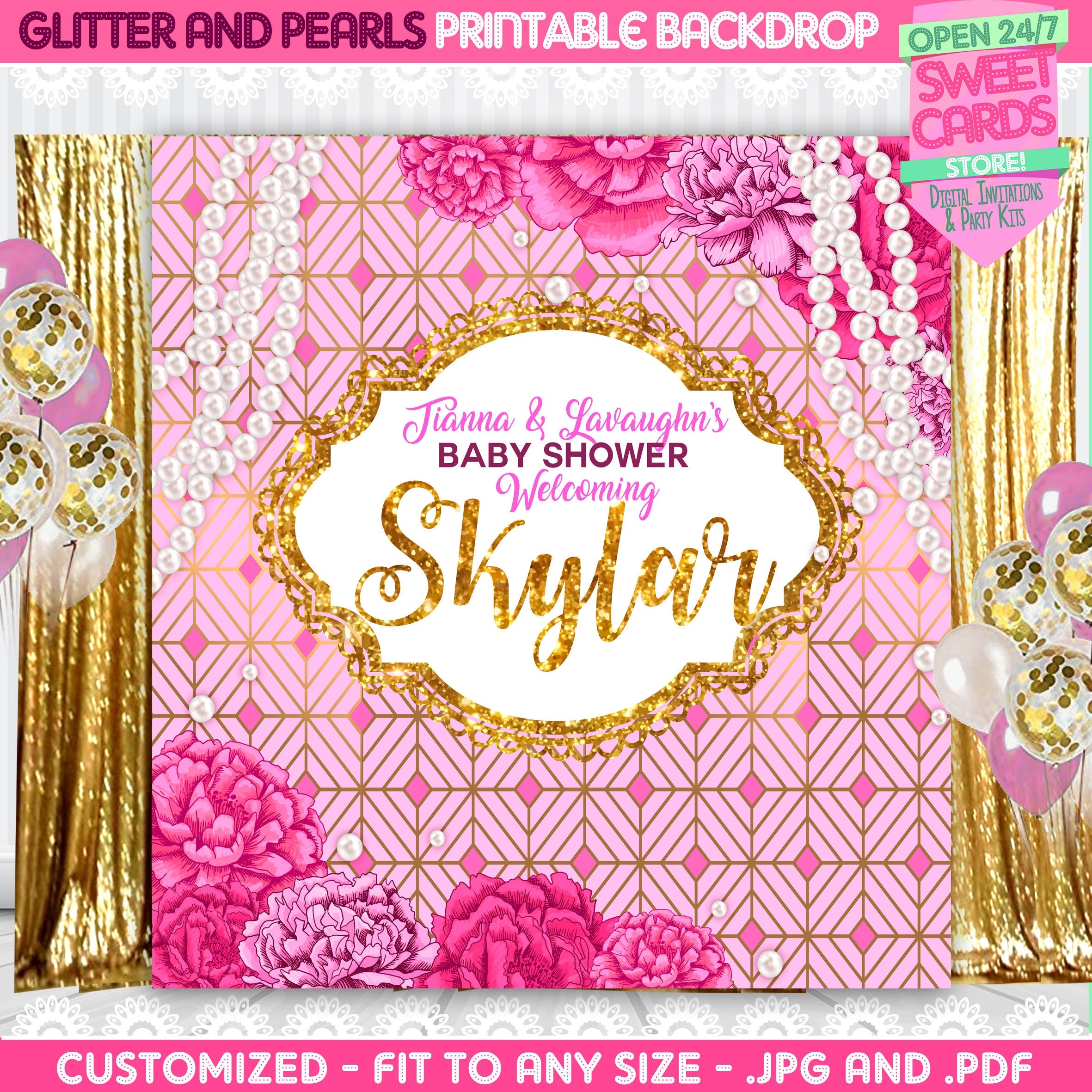 Glitter and Pearls Baby Shower Printable Backdrop, Gold Glitter and Pe ...