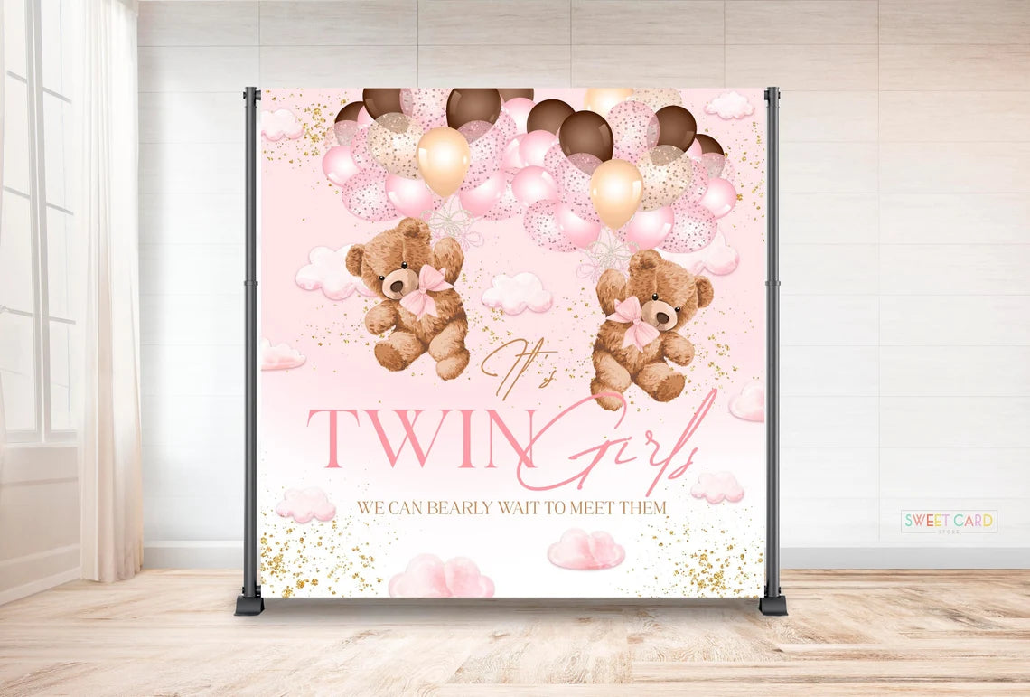 Pink BEAR BACKDROP Twin bears balloon baby shower backdrop Teddy bear ...