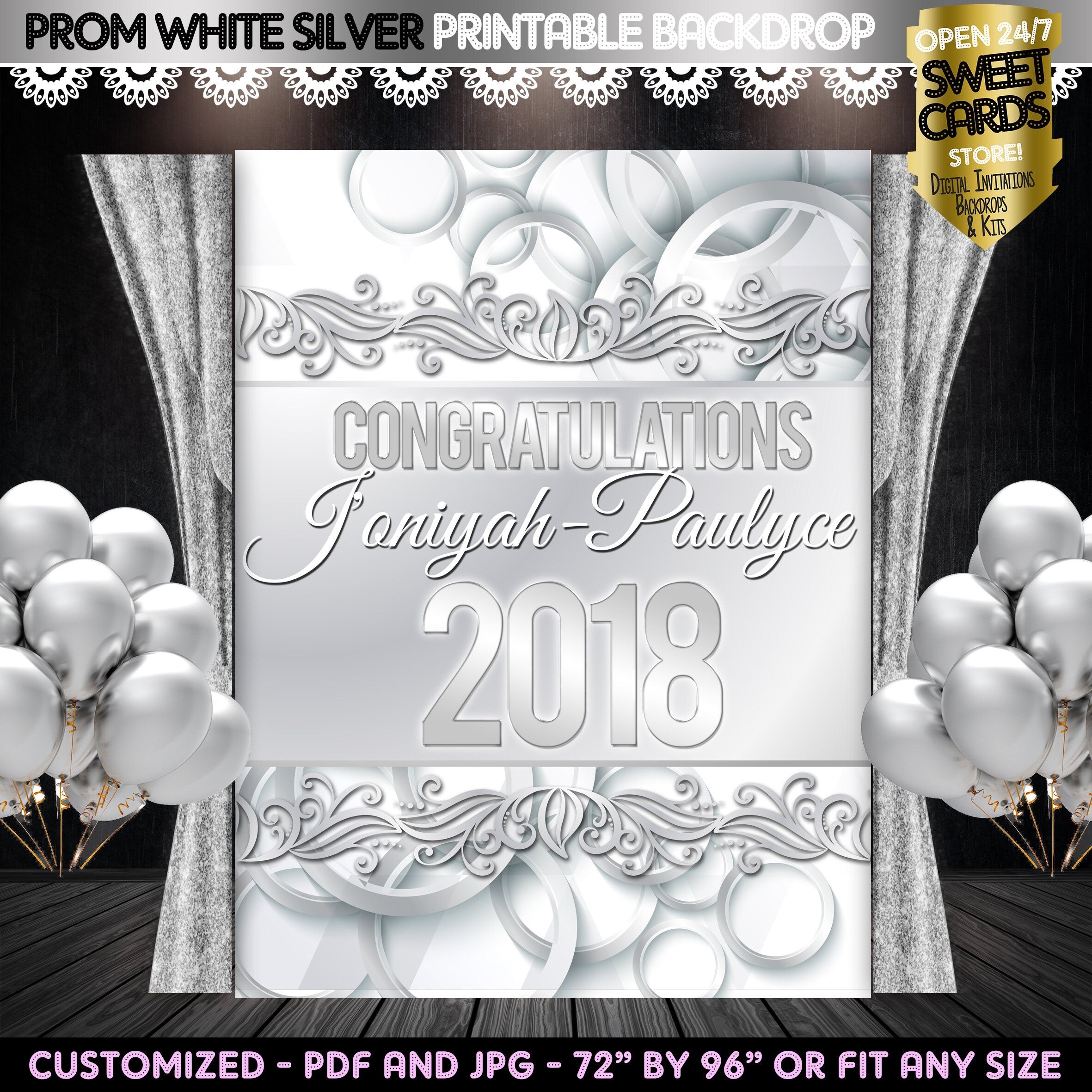 Prom White and silver Printable Backdrop, Prom Elegant Backdrop, White ...