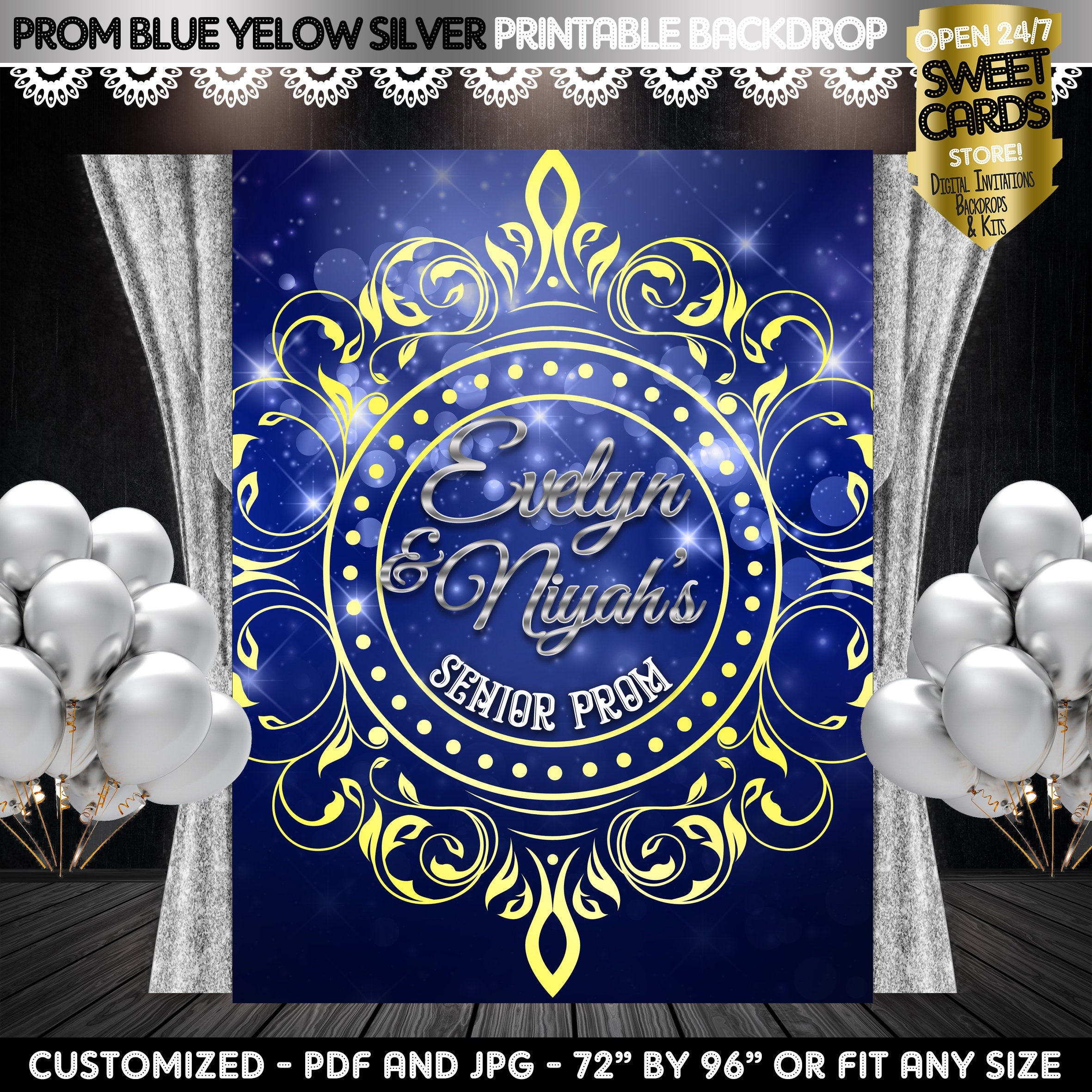 Prom Navy Blue and Yellow Printable Backdrop, Prom Elegant Backdrop, P ...