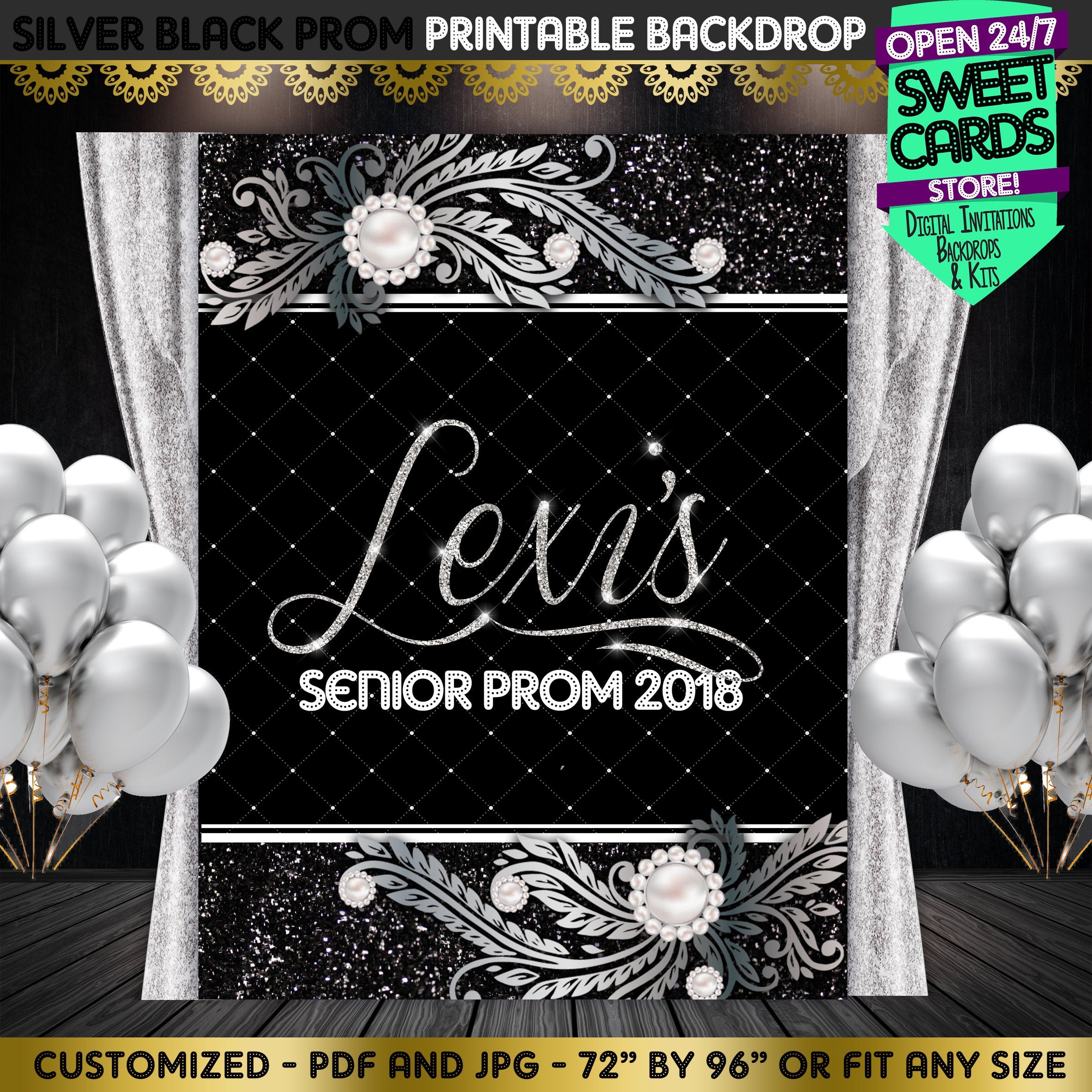 Prom Black and Silver Printable Backdrop, Prom Elegant Backdrop, Silve ...