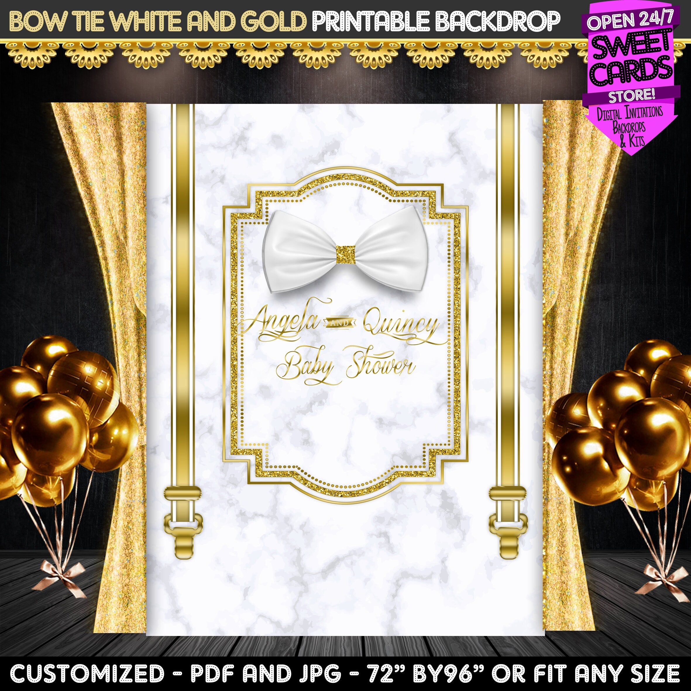 White and Gold Bow Tie Printable Party Backdrop, Bow tie Party Backdro ...