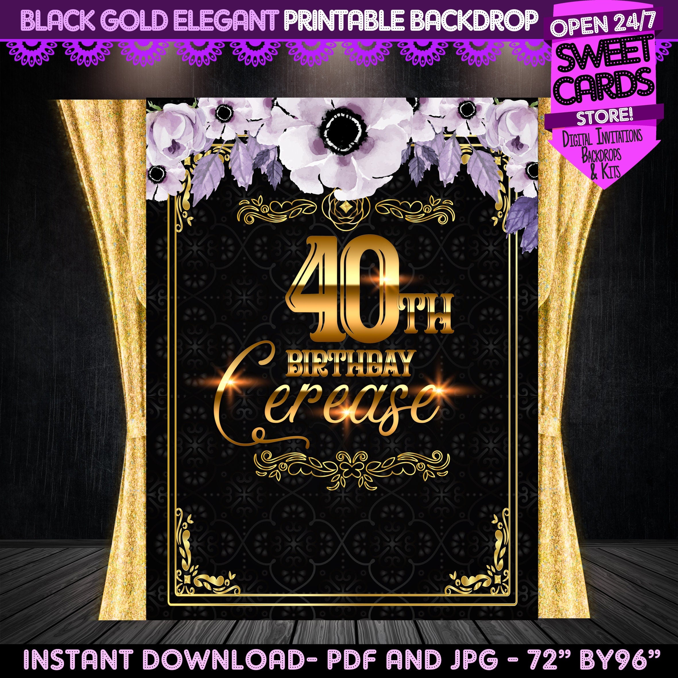 40TH Birthday Printable Party Backdrop, Forty Birthday Party Backdrop ...