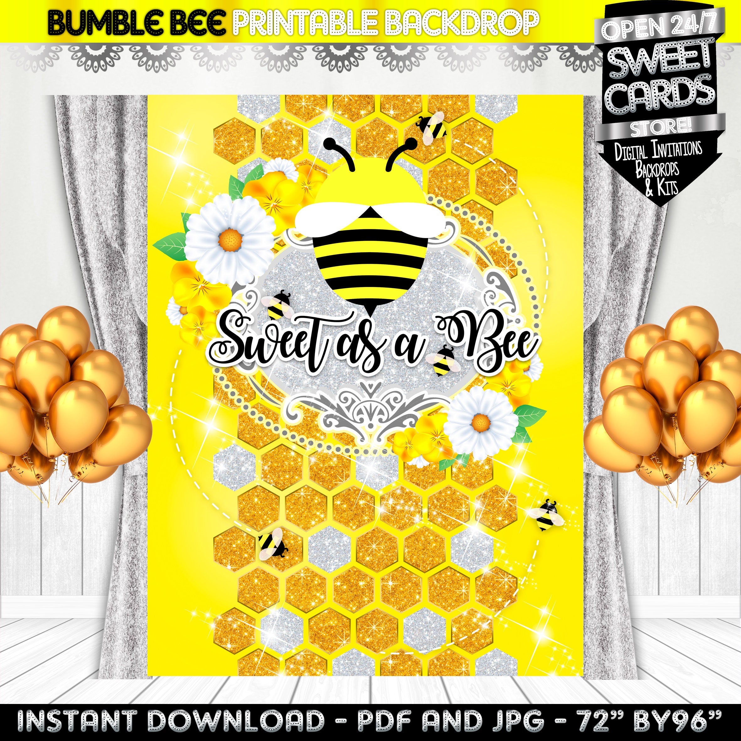 Bumble Bee Party Printable Backdrop, Sweet as a bee backdrop, Bee Baby ...