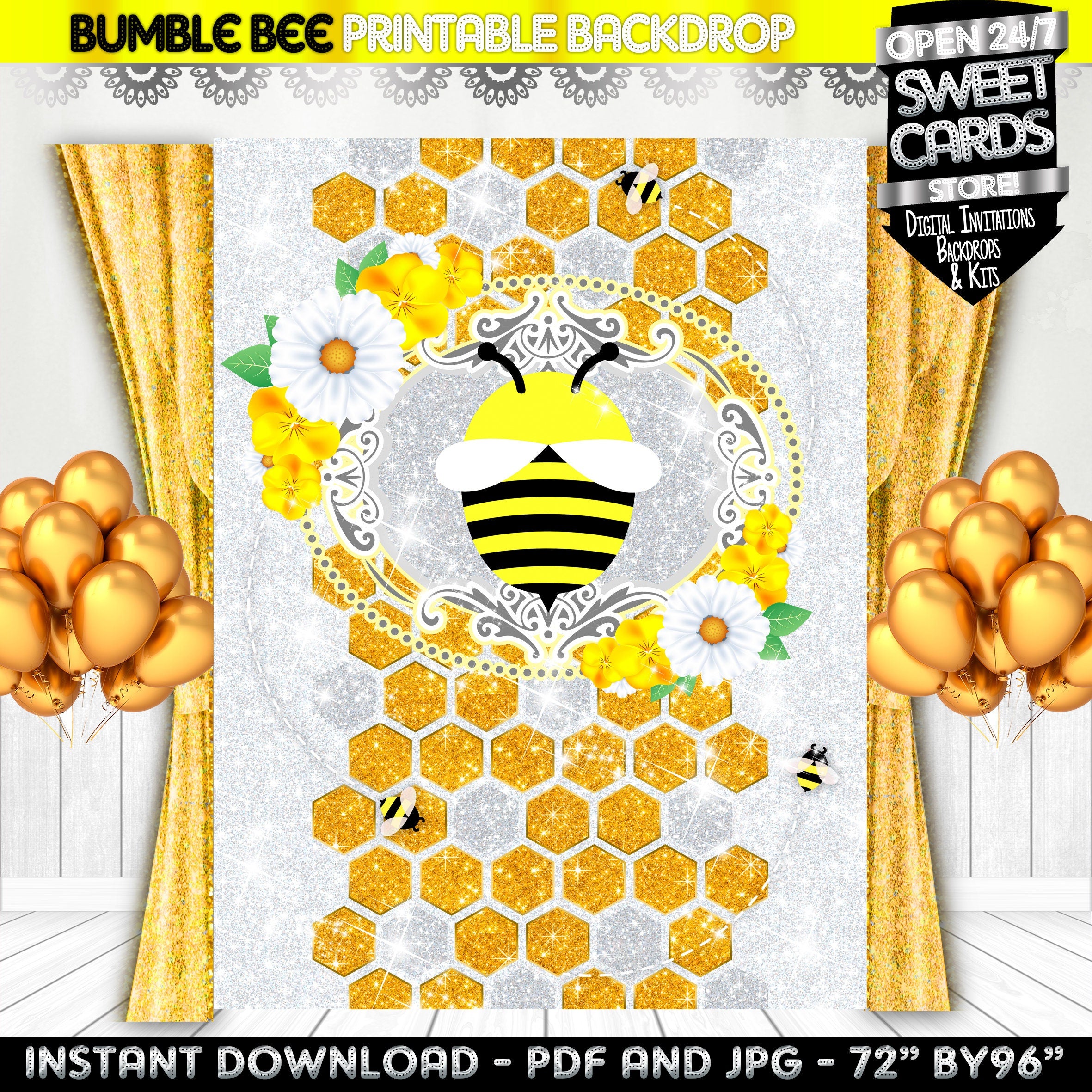 Bumble Bee Party Printable Backdrop, Sweet as a bee backdrop, Bee Baby ...