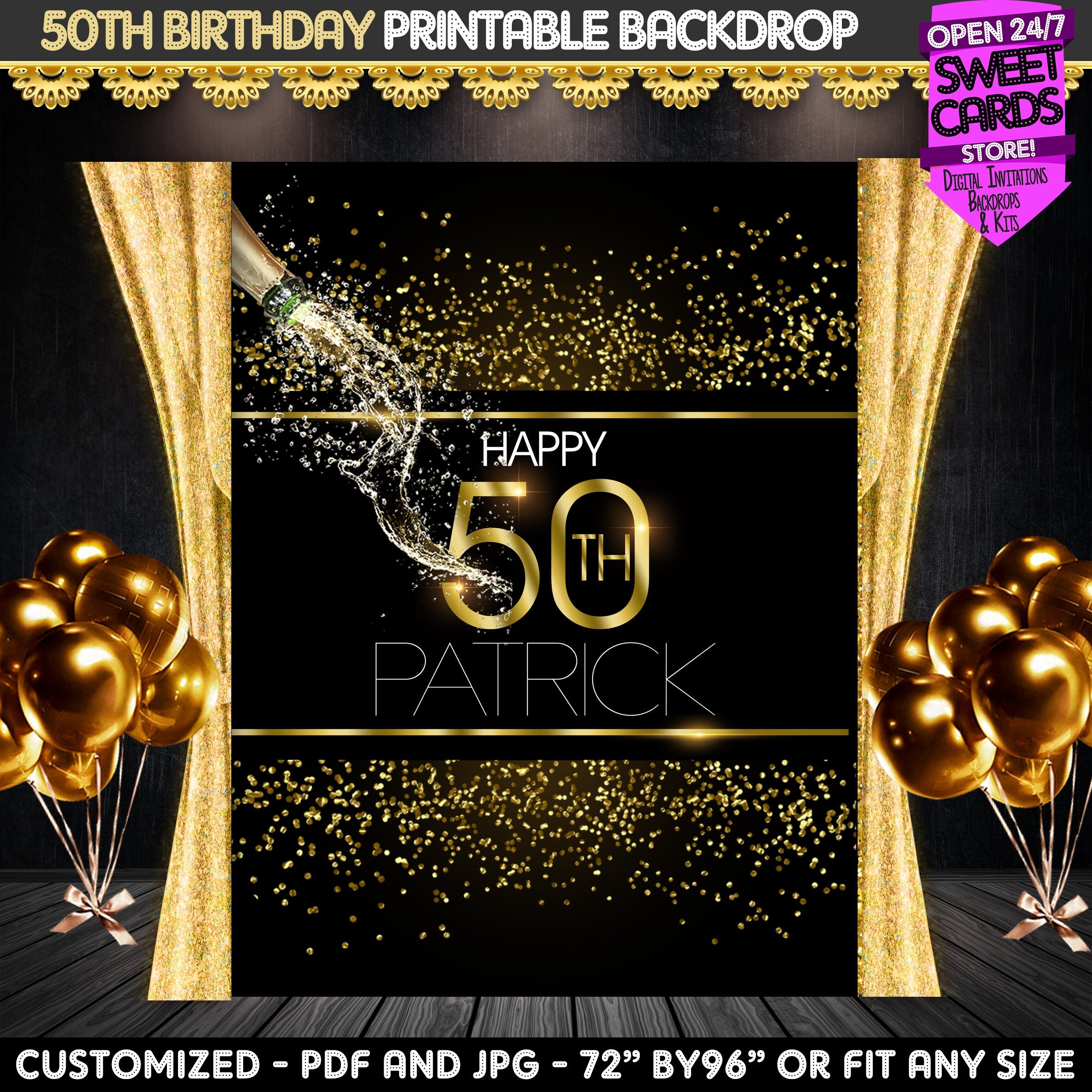 5OTH Birthday Printable Party Backdrop, Fifty Birthday Party Backdrop ...