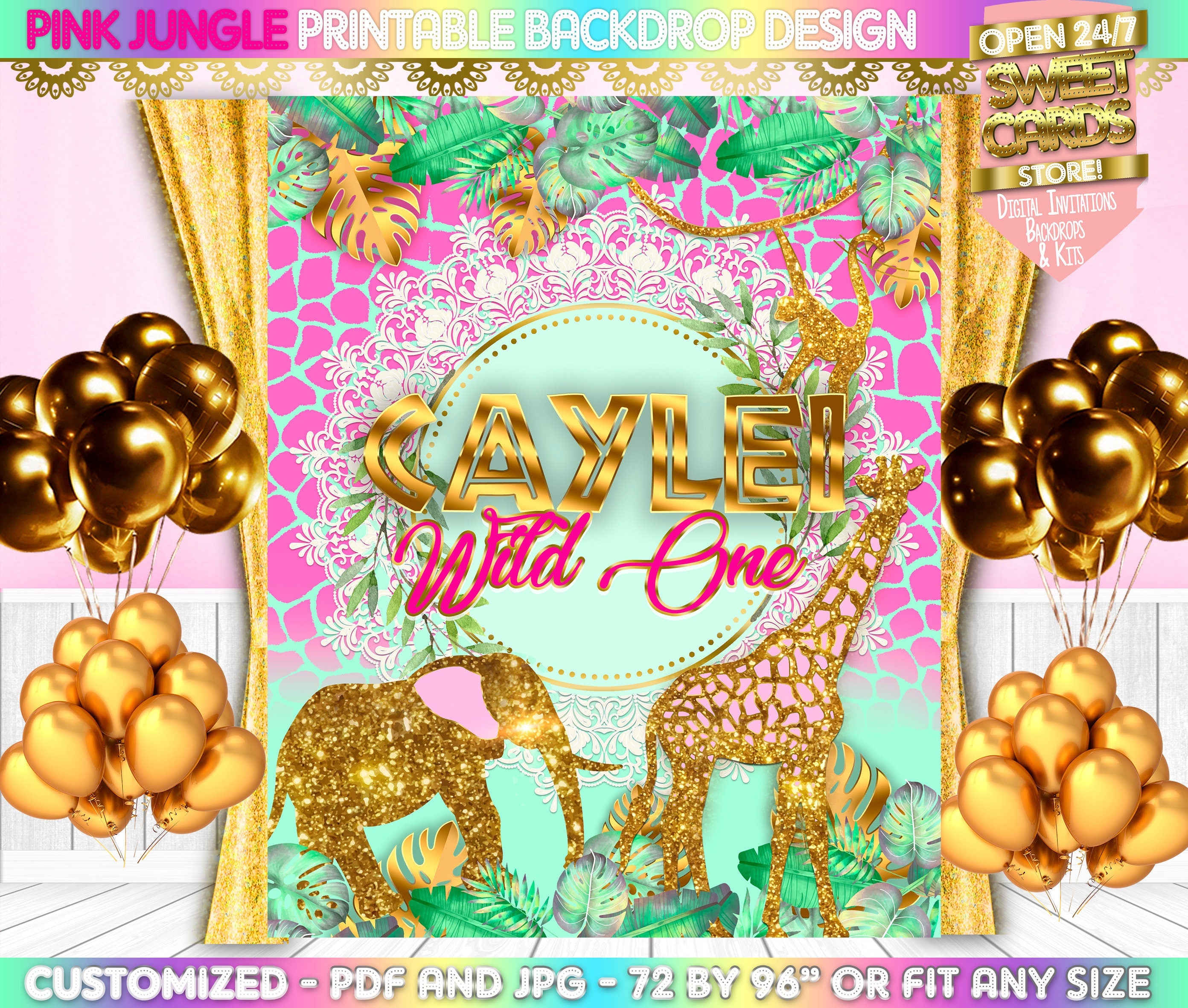 Pink Safari Jungle Printable Backdrop, Girl Safari Backdrop, Mint Pink ...