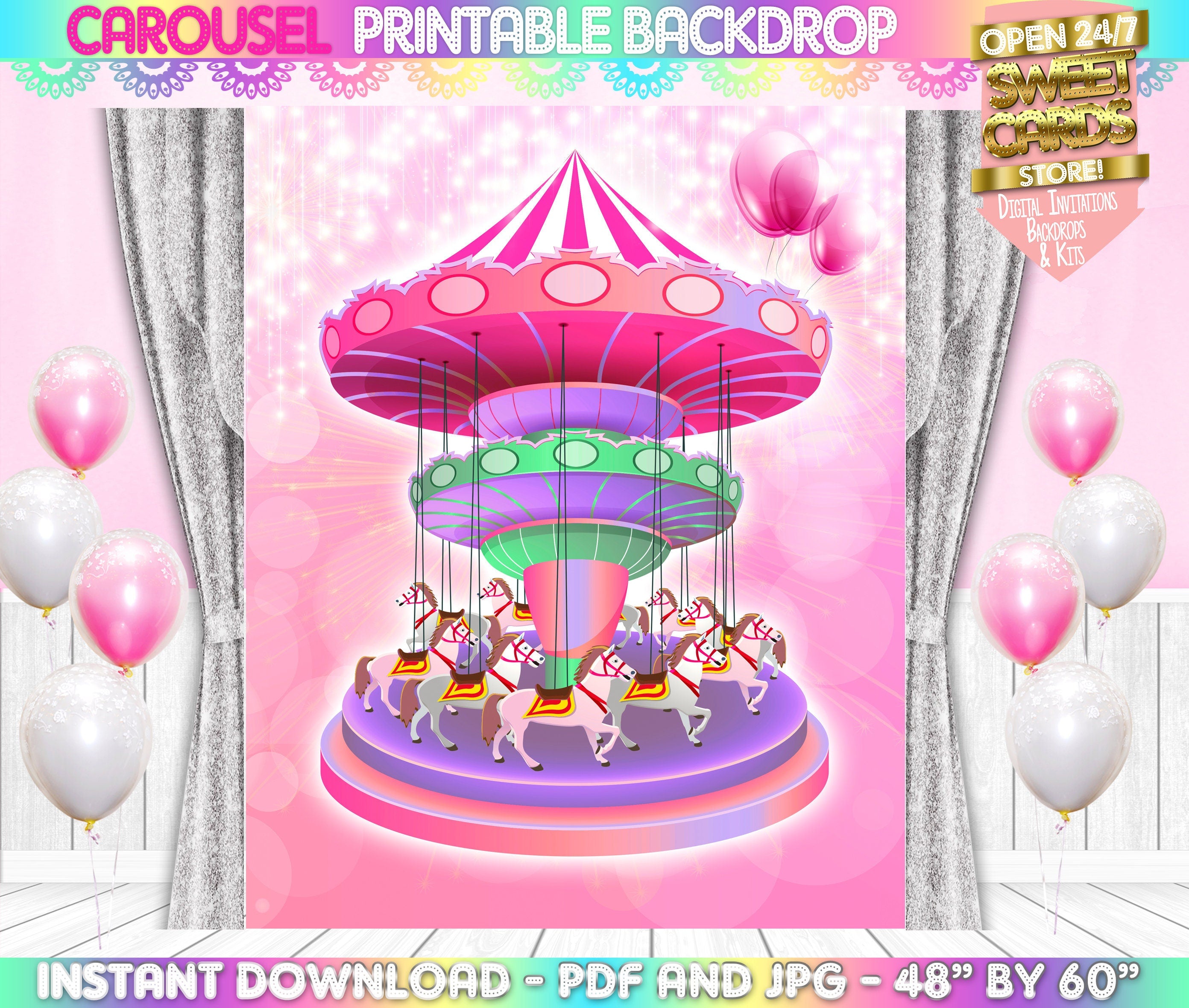 Carousel Carnival Circus Printable Backdrop, carousel Backdrop, Pink C ...
