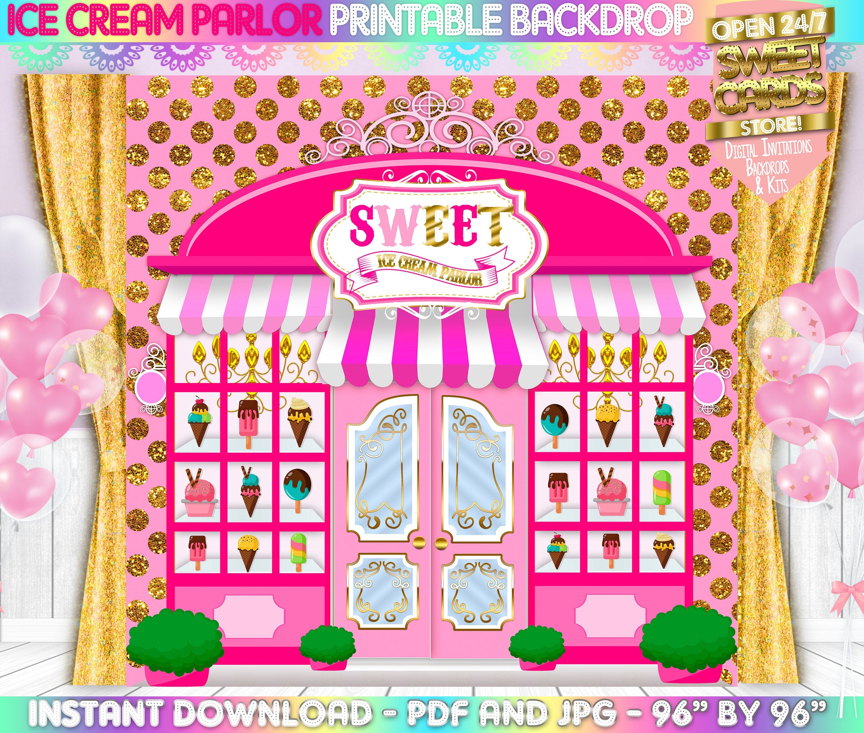 Ice Cream Parlor Printable Backdrop, Ice Cream Backdrop, Ice Cream Par ...