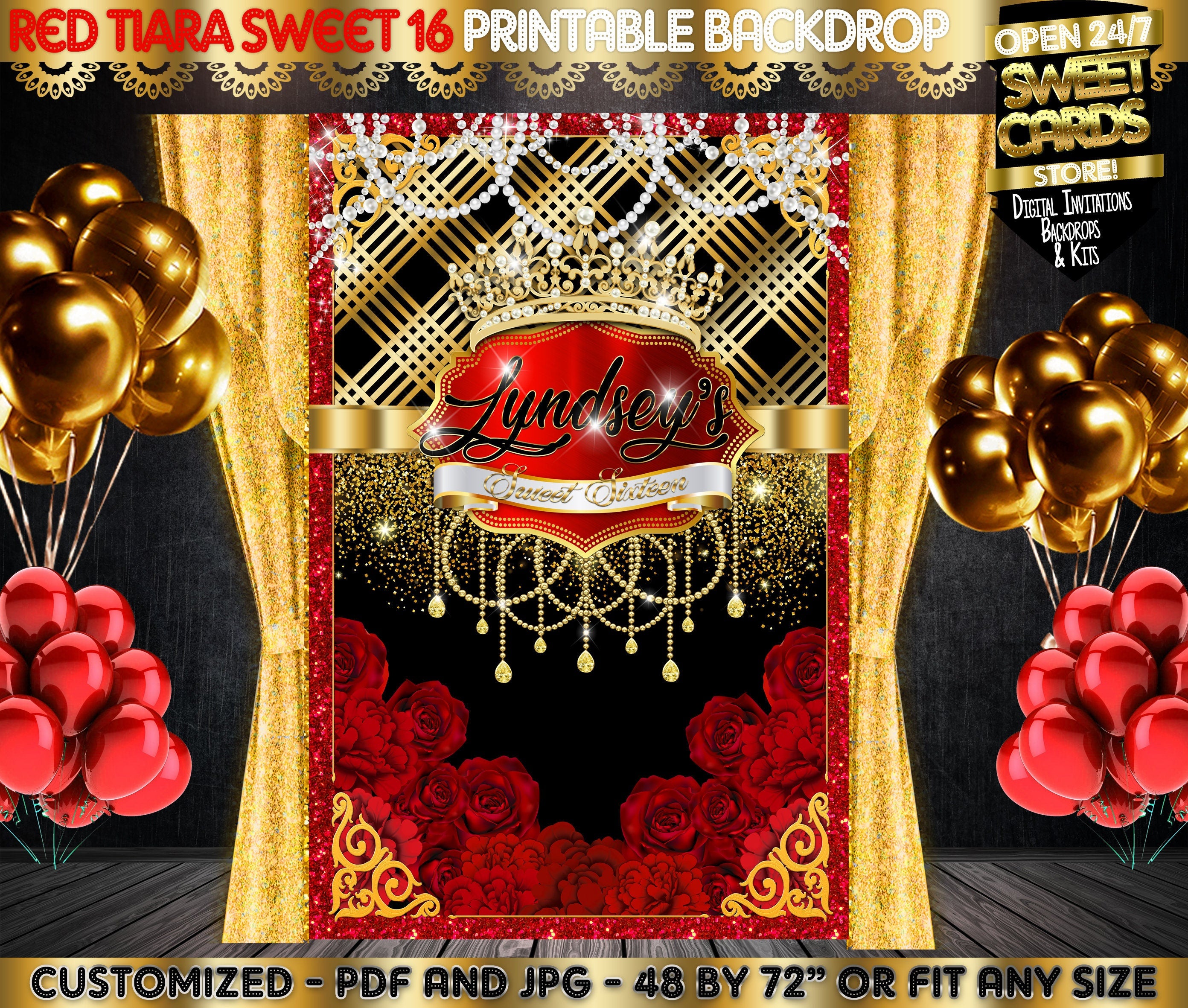 Sweet 16 gold roses and pearls Printable Backdrop, Sweet sixteen tiara ...