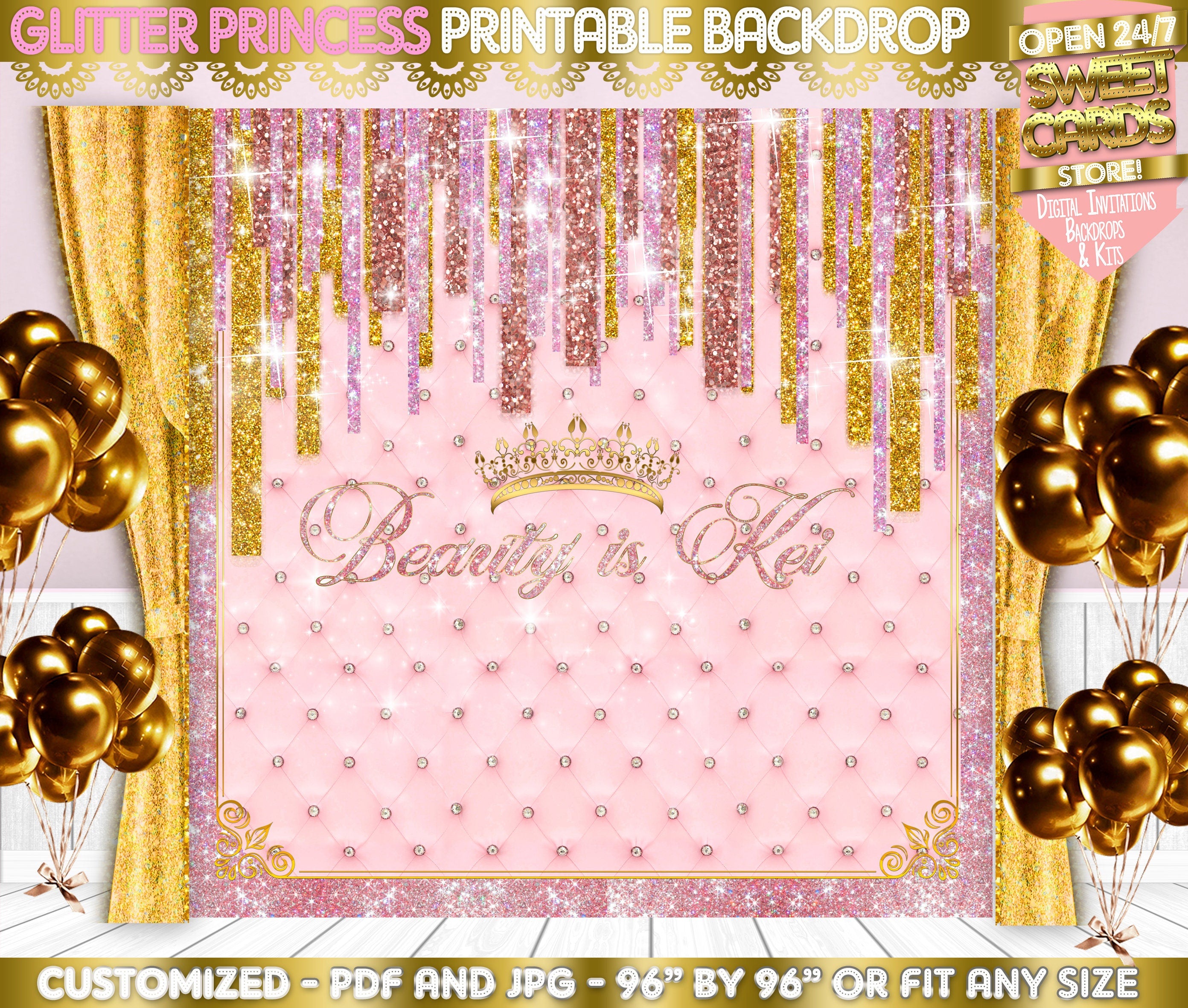 Glitter Dripping Princess Crown Printable Backdrop, Glitter Backdrop ...