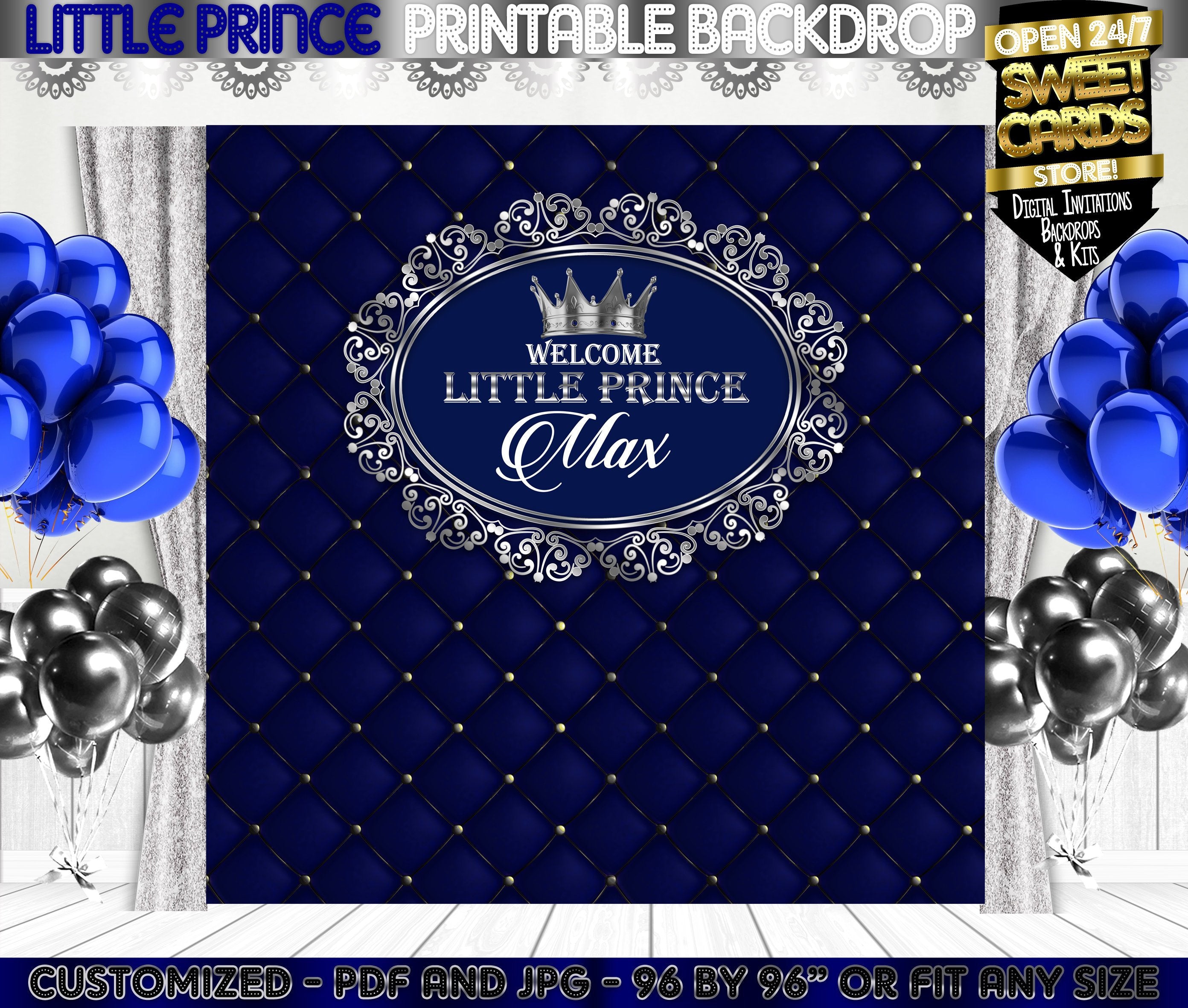 Royal Prince Little Prince Blue and Silver Printable backdrop, crown n ...