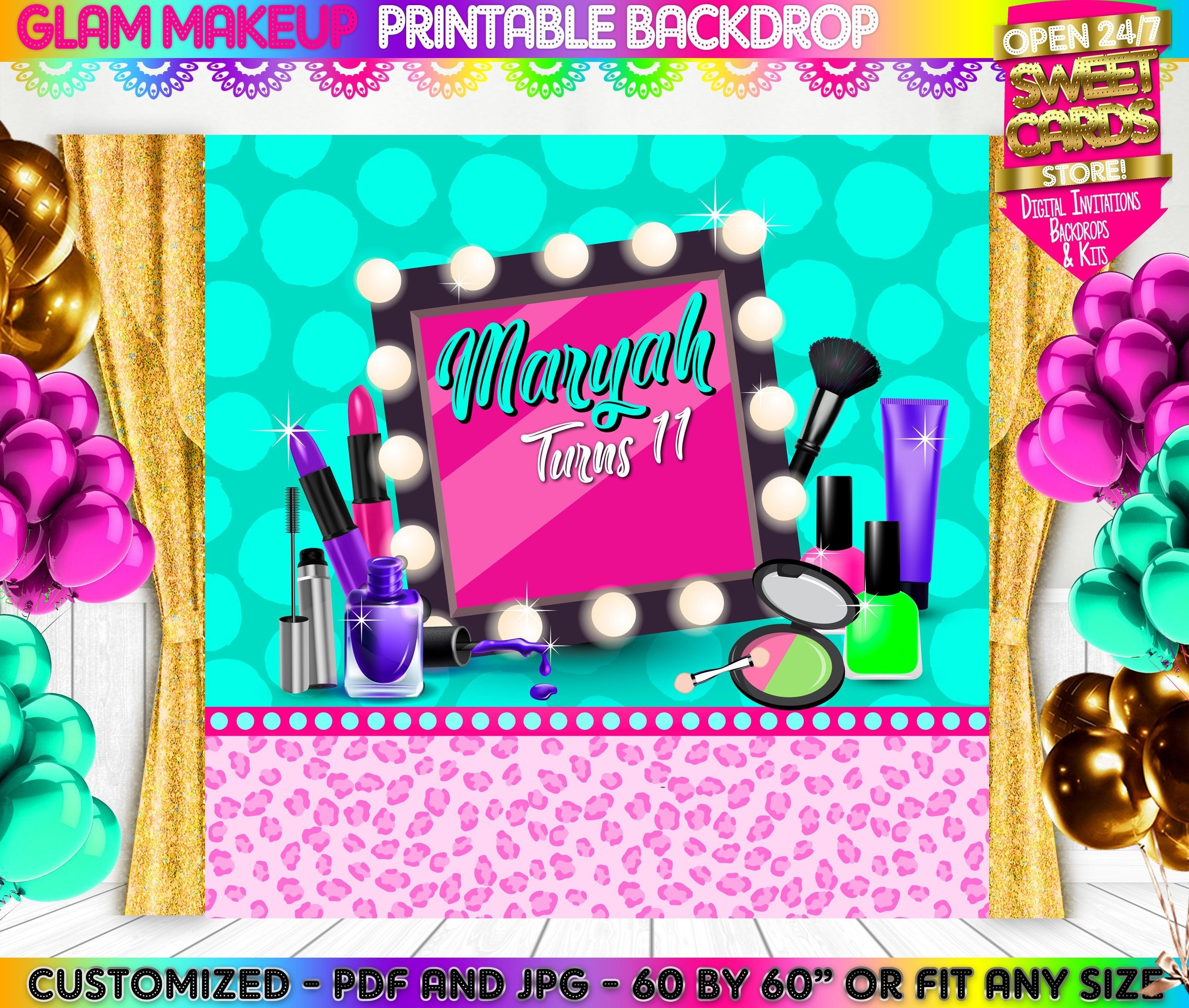 Makeup Glam Digital Printable party backdrop, Glam Party Backdrop, Gir ...