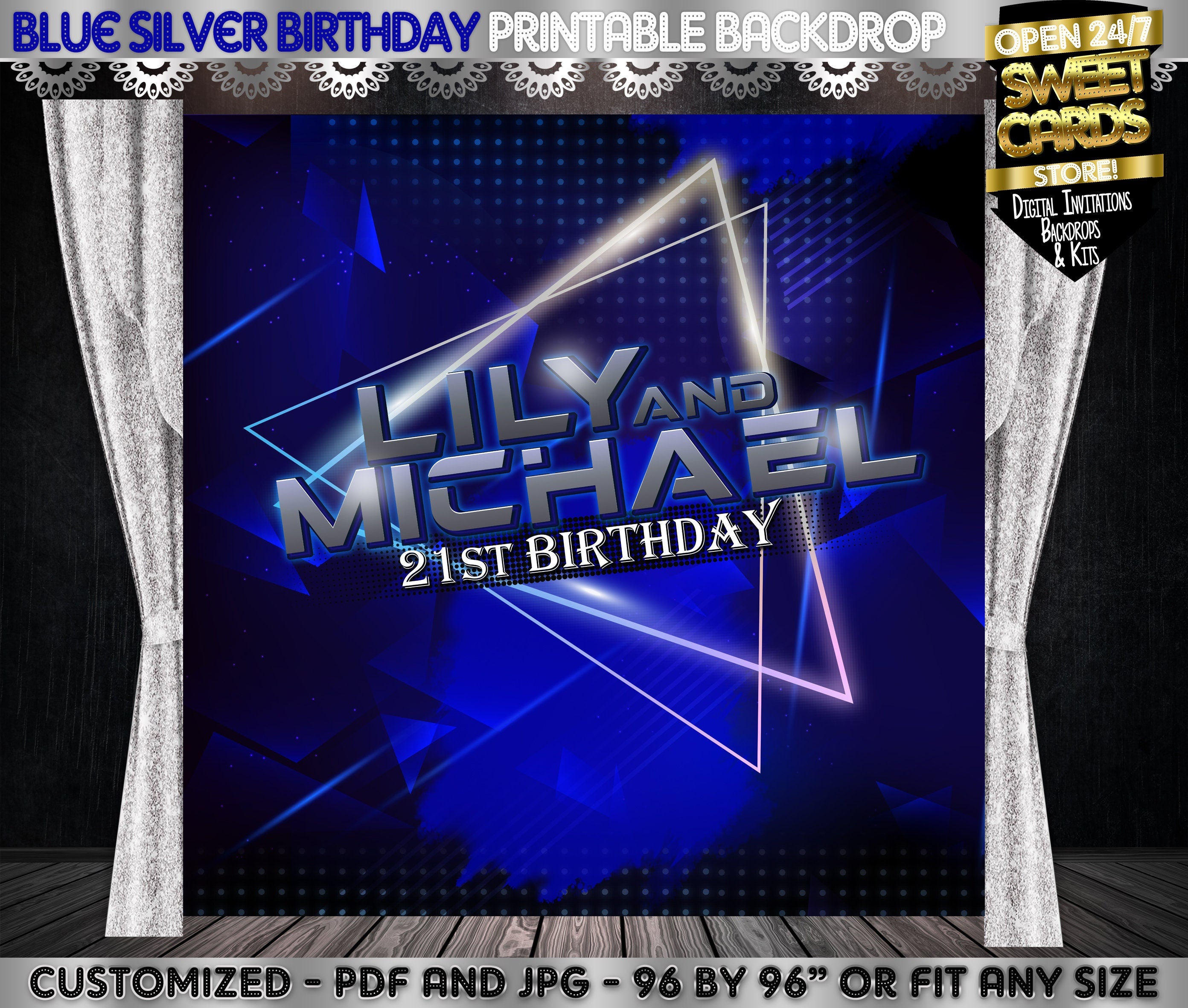 Blue Silver 21st Party Backdrop, Birthday Backdrop, Disco Party Backdr ...