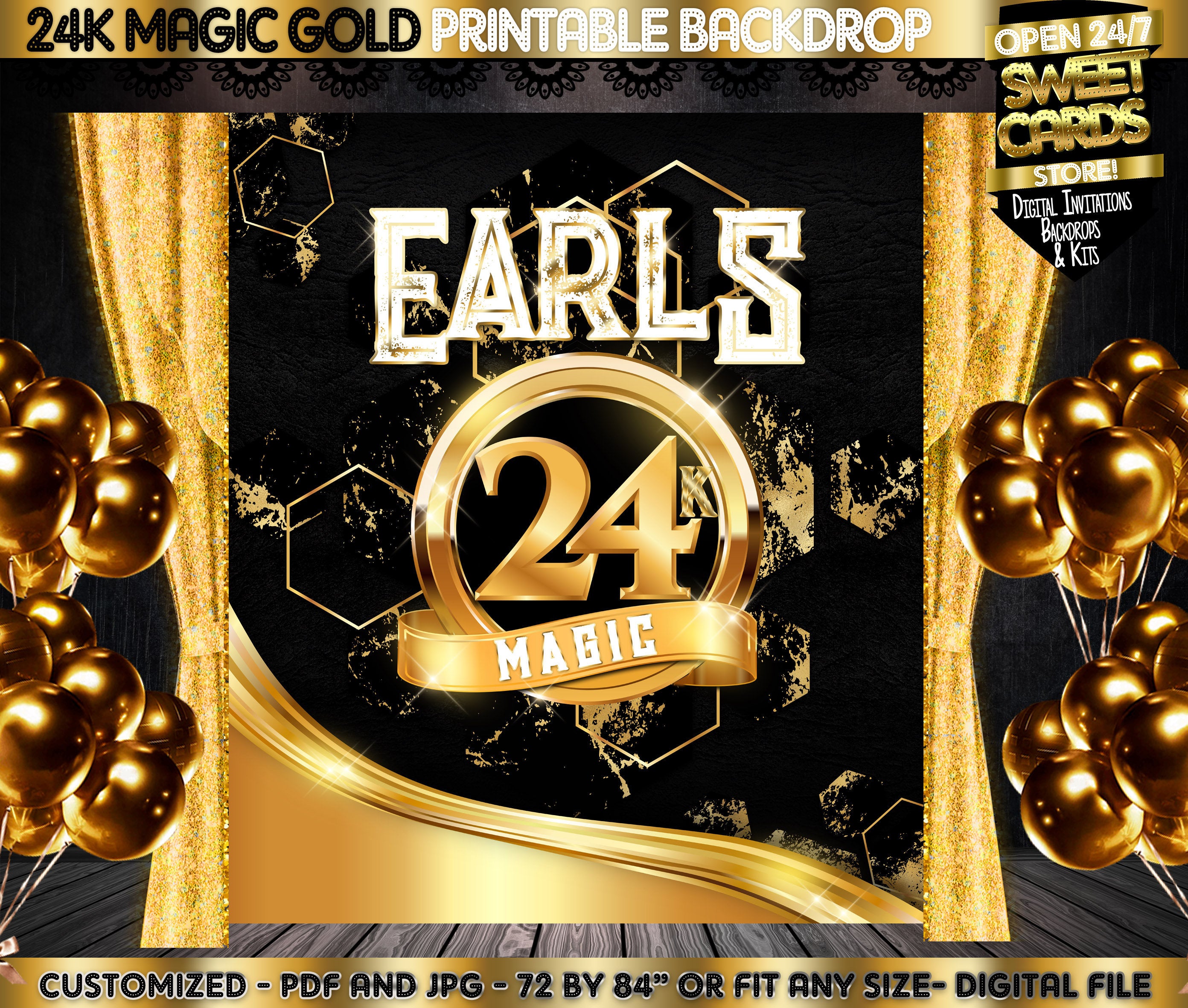 Black Gold 24k Magic Printable Backdrop, 24k party backdrop, Black and ...