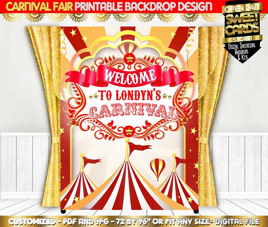 Red Gold Carnival Circus Printable Backdrop, Welcome Carnival BAckdrop ...