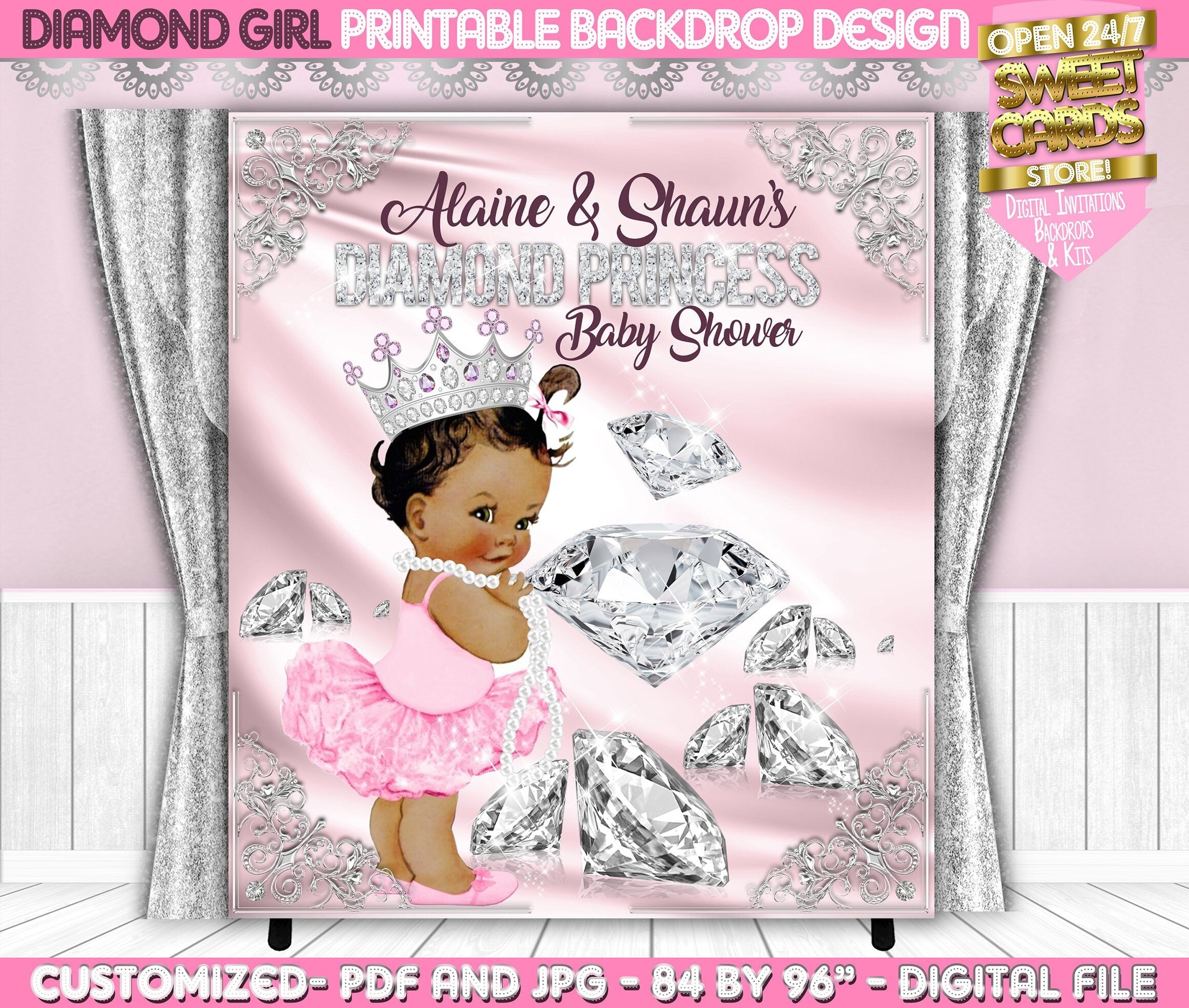 Diamond Girl Baby Shower Printable backdrop, Diamond Baby shower Backd ...
