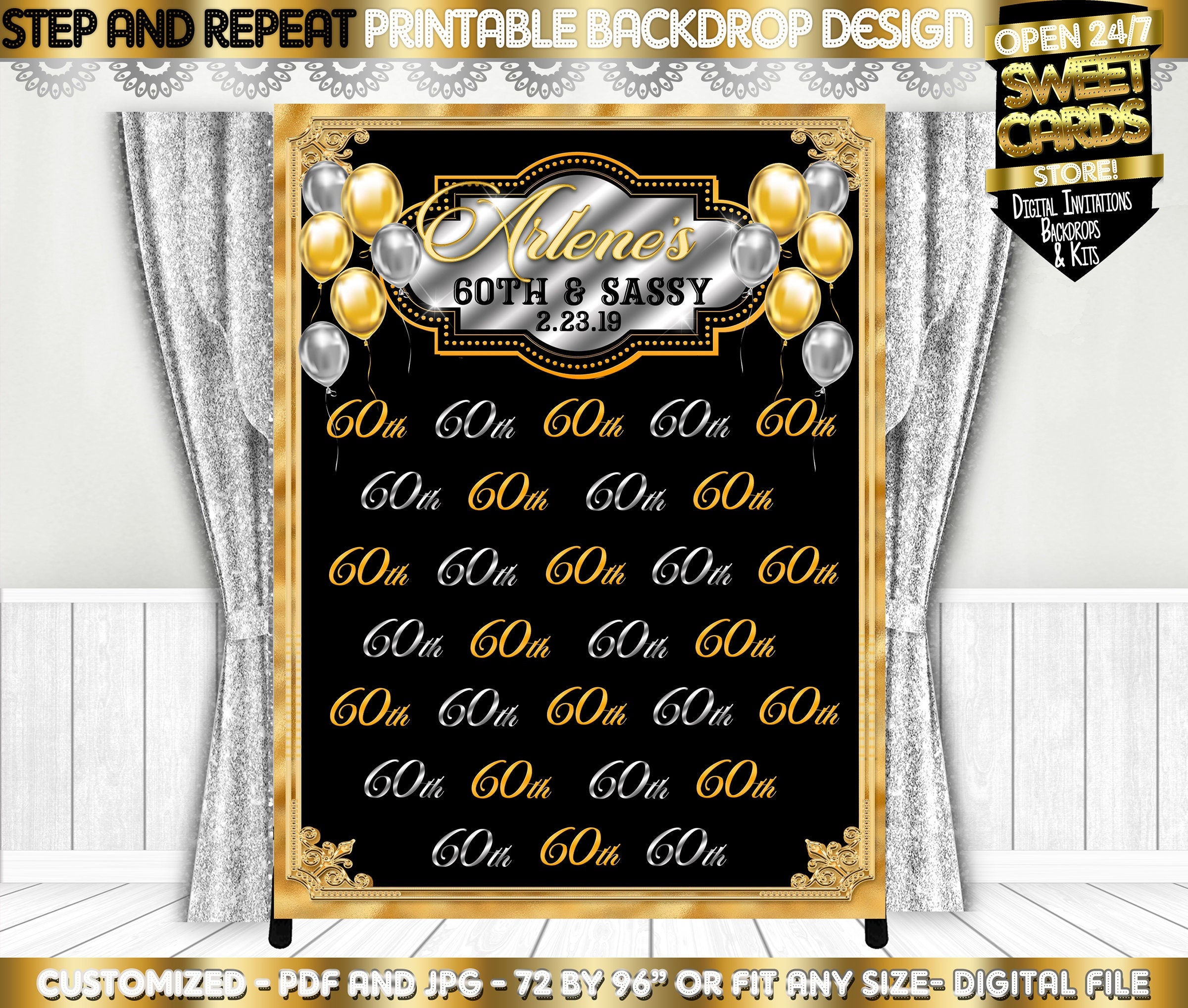 60th Birthday Step and Repeat Printable party backdrop, Gold silver Bl ...