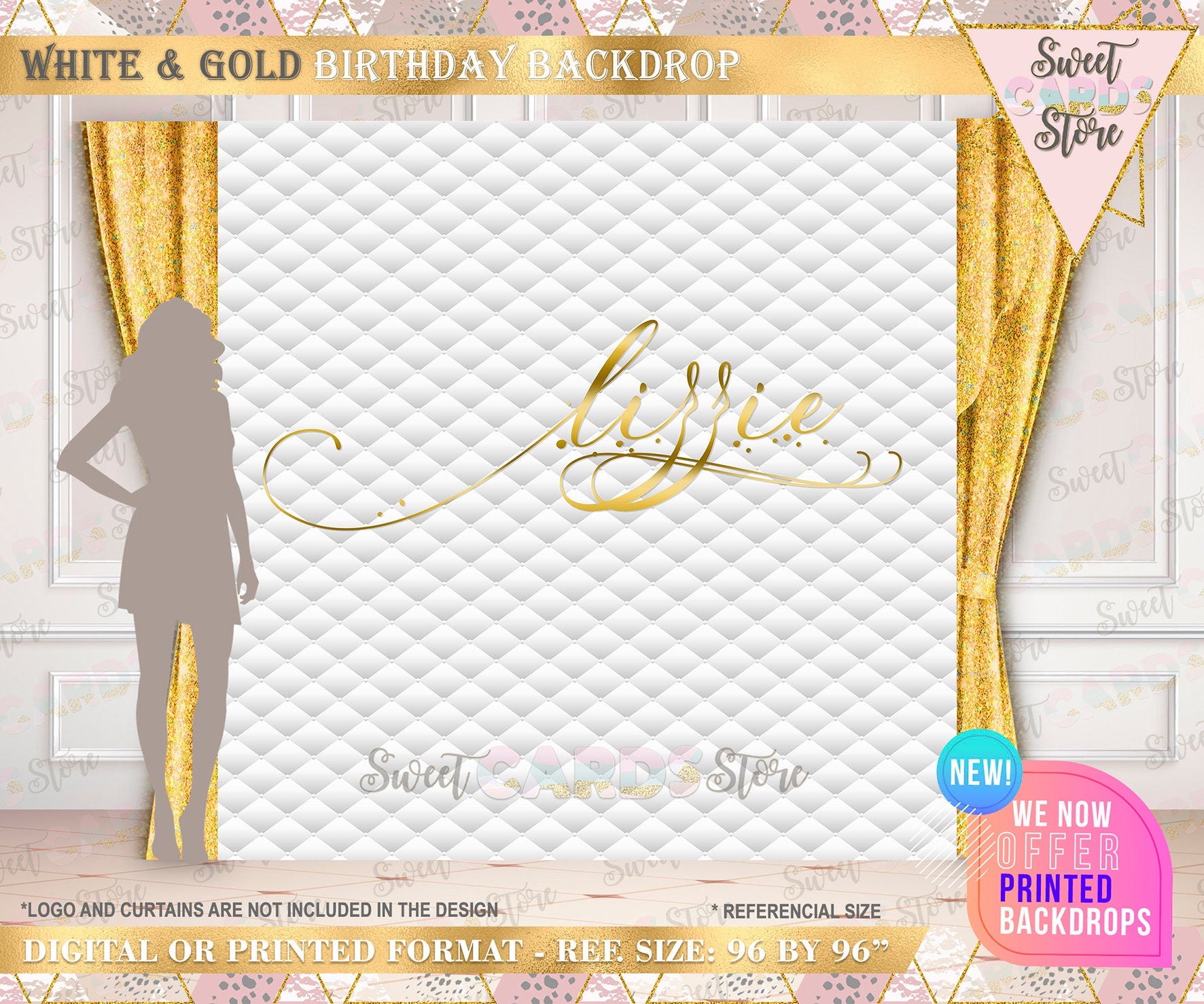 White and gold minimalist party backdrop, white gold backdrop, white g ...