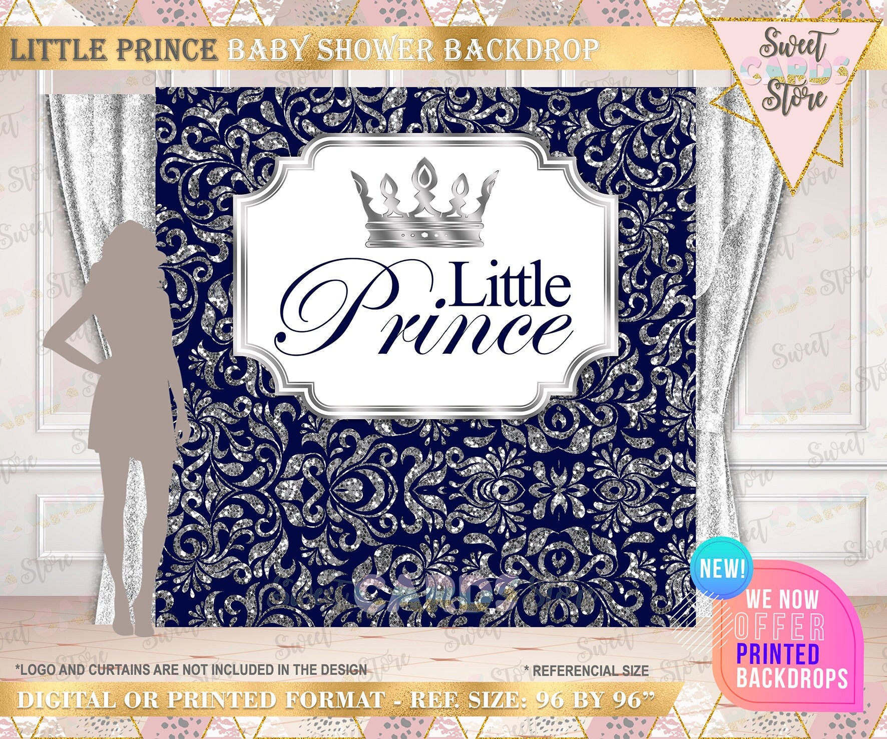 Royal Prince Little Prince Blue and Silver backdrop, crown navy blue a ...