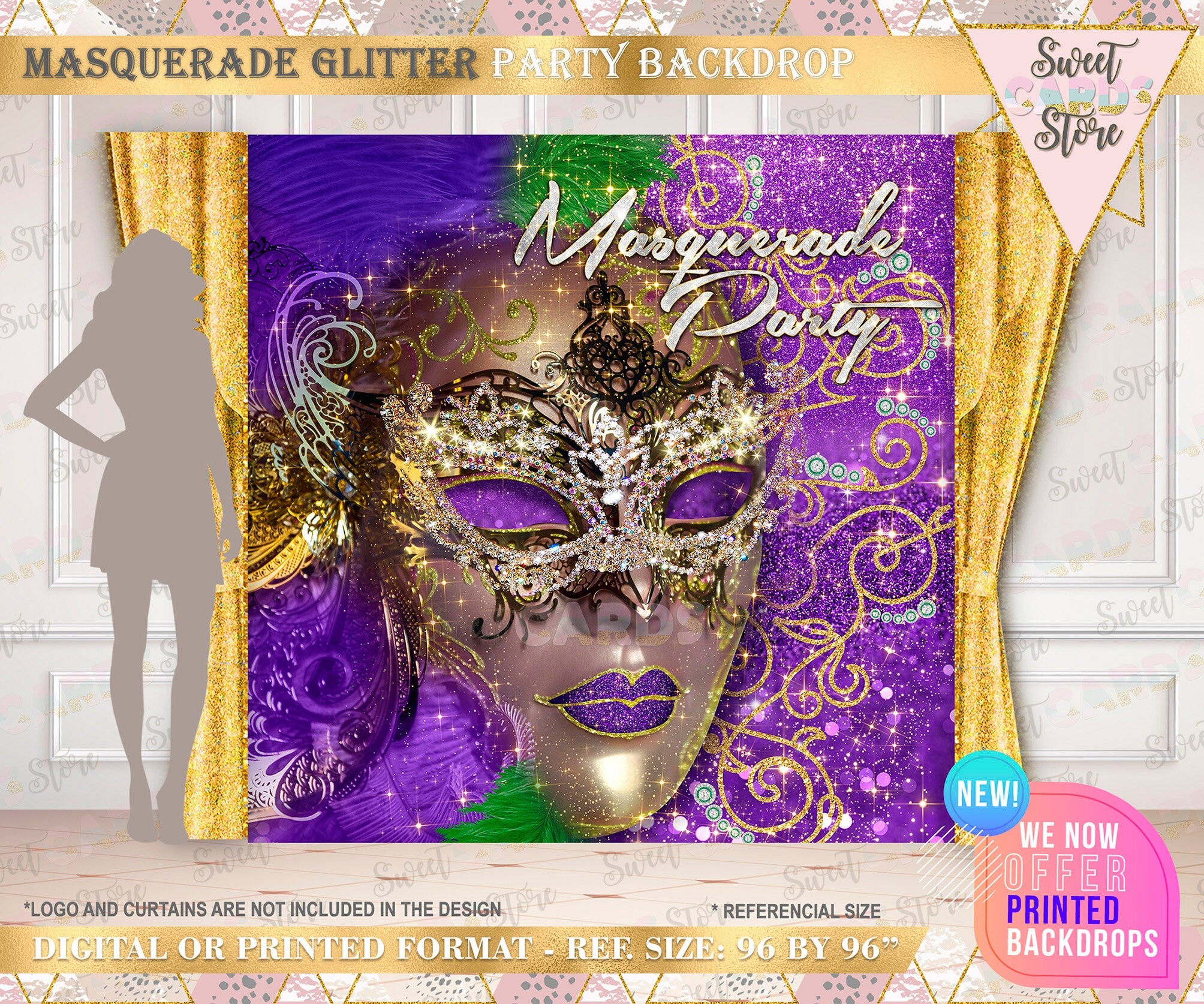 masquerade backdrop, purple green masquerade, Glitter masquerade, masq ...