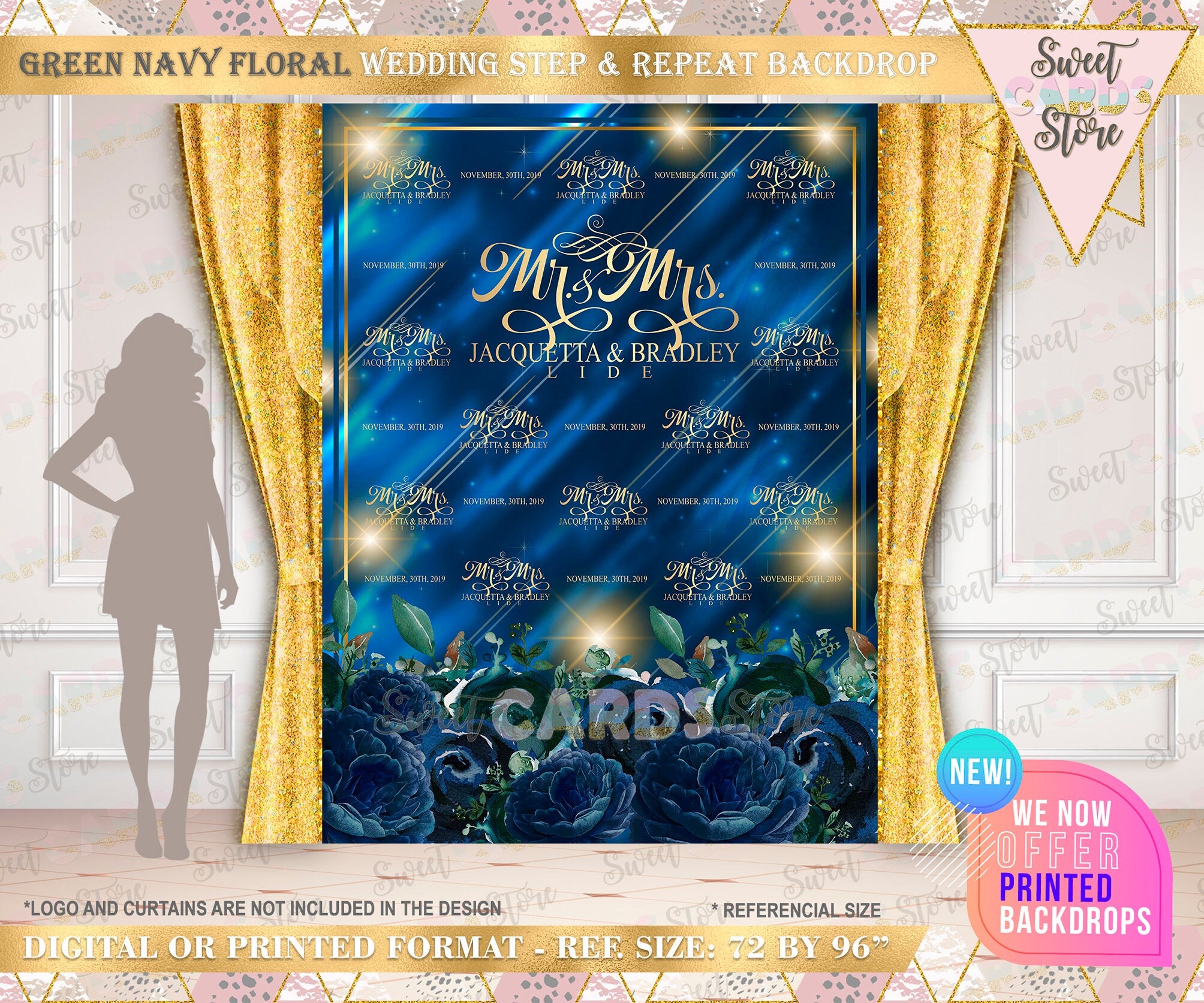 Floral wedding step and repeat backdrop, floral watercolor step and re ...