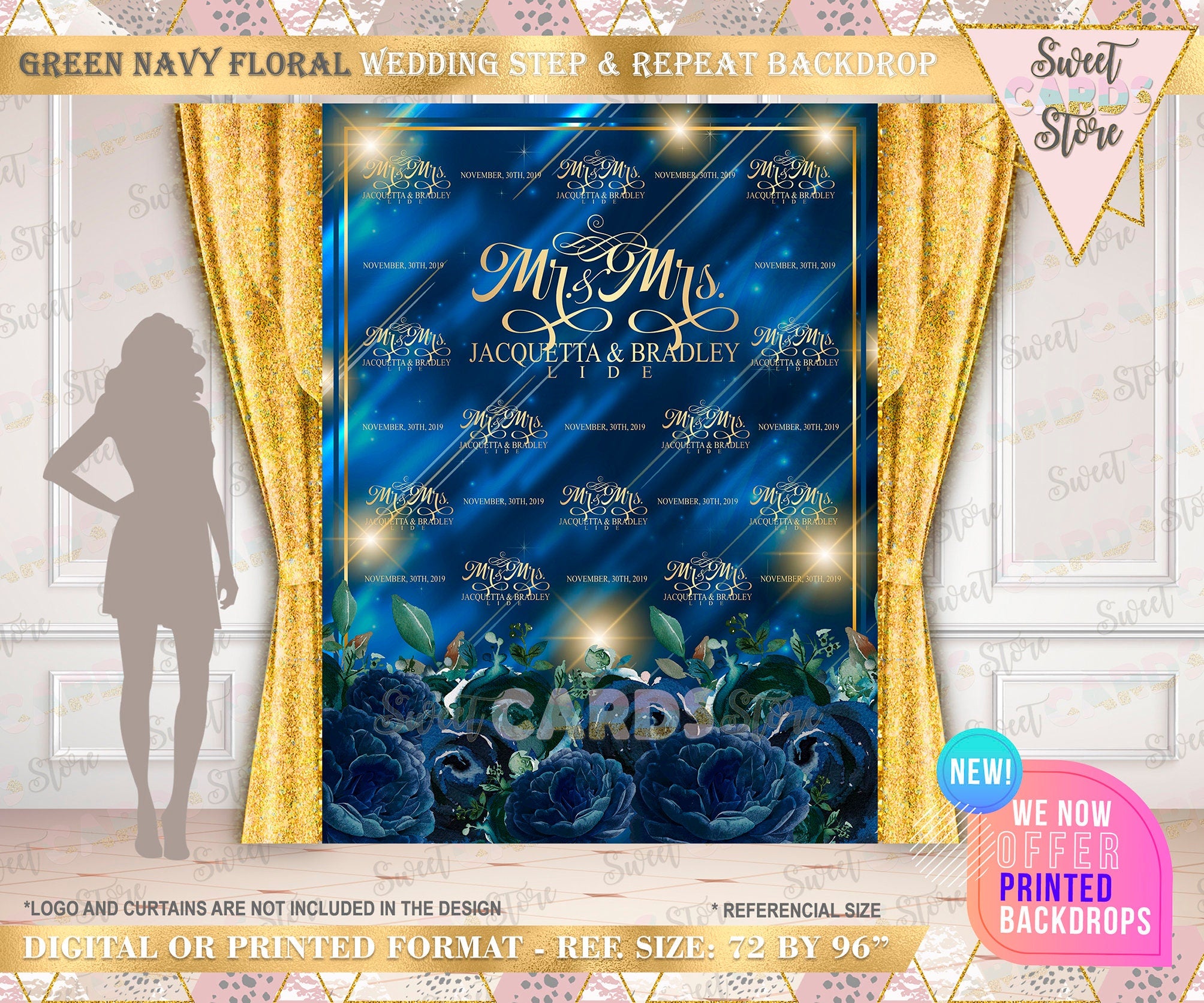 Floral wedding step and repeat backdrop, floral watercolor step and re ...