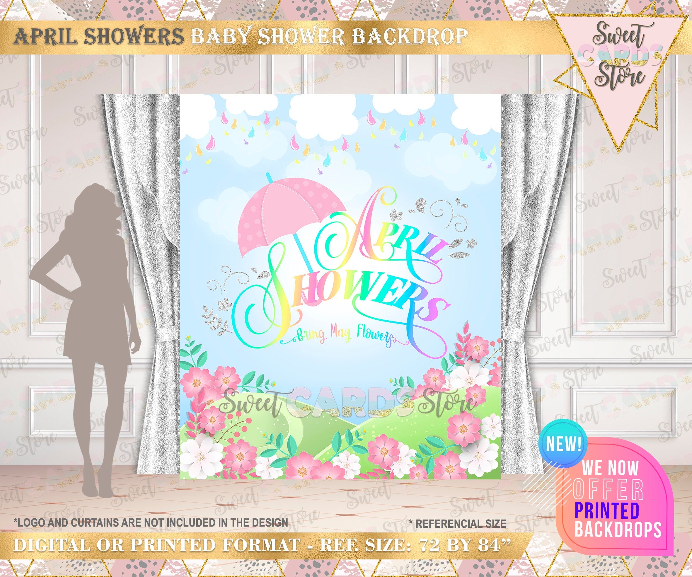 april showers floral party backdrop, april showers baby shower backdro ...