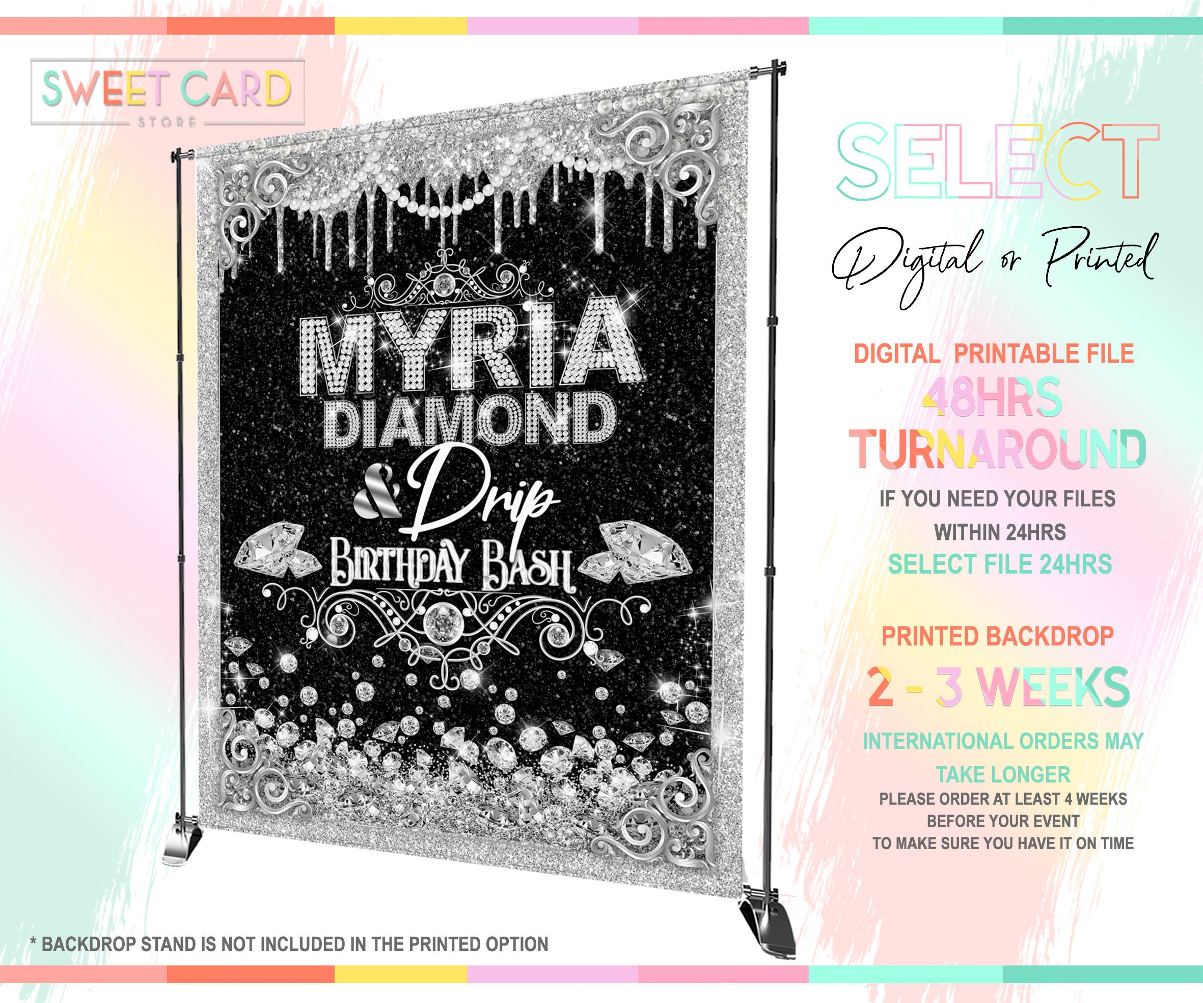 SPARKLE DIAMONDS BACKDROP, Black diamonds birthday Backdrop, sparkle g ...