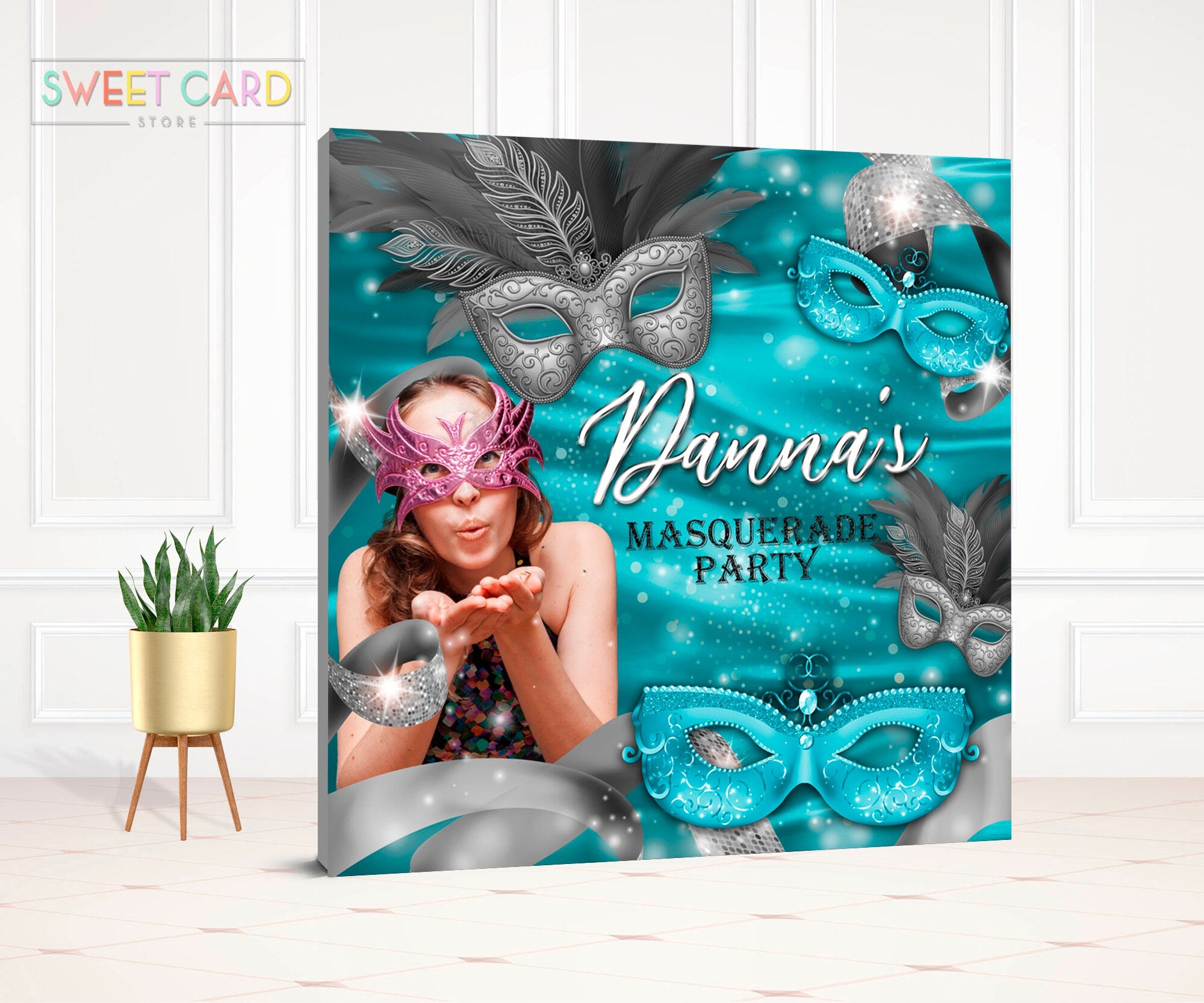 masquerade backdrop, teal silver masquerade, Glitter masquerade, masqu ...
